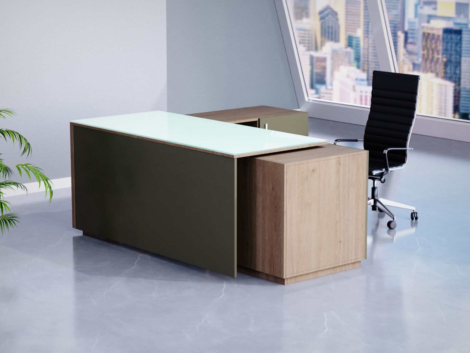 Mahmayi Truffle Davos Oak & Grey GED-3 Glass Executive Desk | Modern Design
